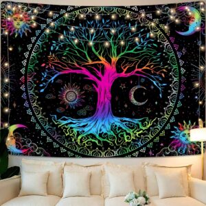 kanuyee tree of life tapestry yin and yang sun moon star tapestries galaxy space tapestry mandala wall tapestry black aesthetic tapestry for room decor (35''high × 47''wide, colorful)