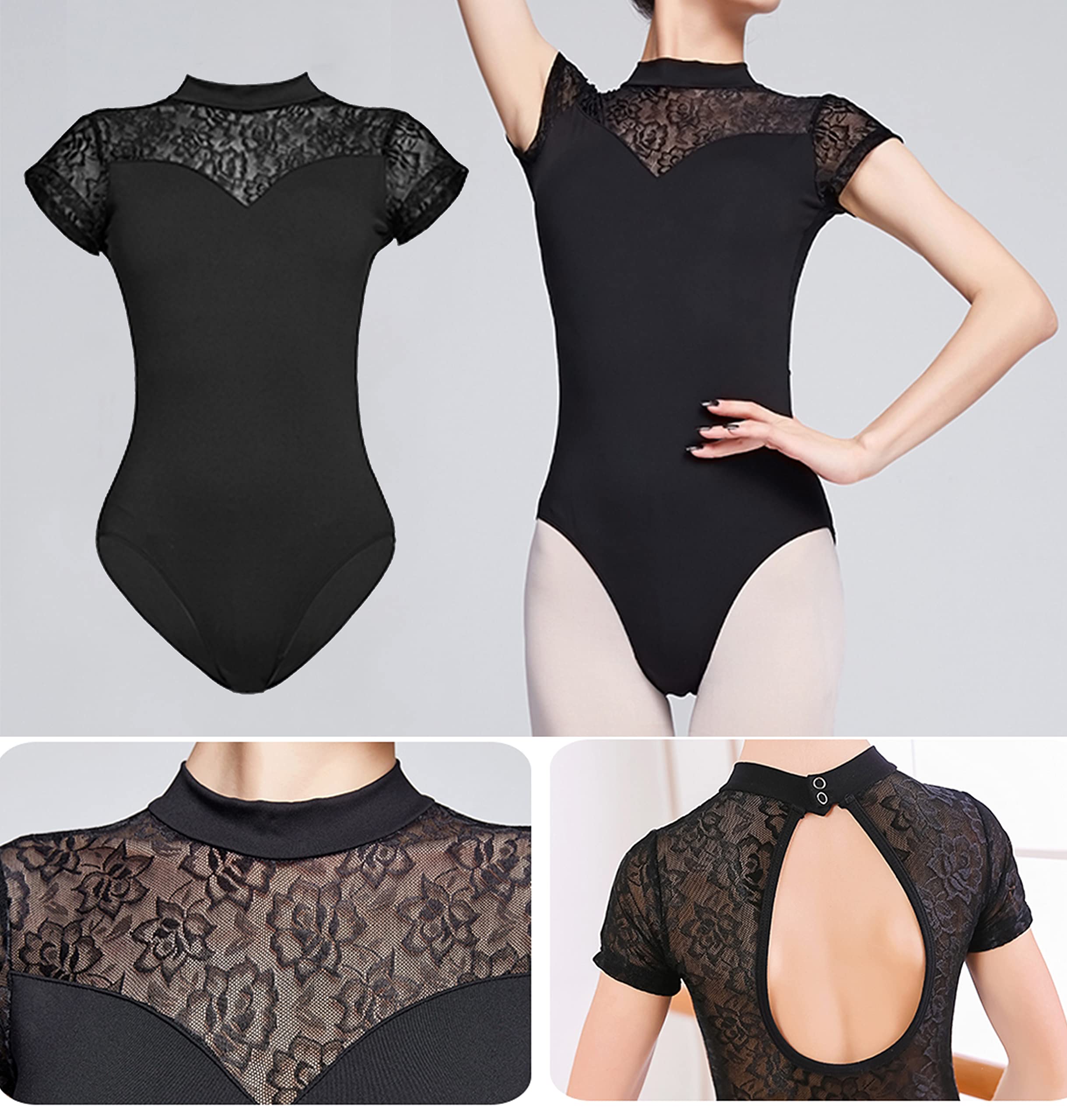 UTOWO Ballet Leotards for Women Black-Lace Short-Sleeve Dance Gymnastics Yoga Leotards with Elegant Swan collar (Large, Black)