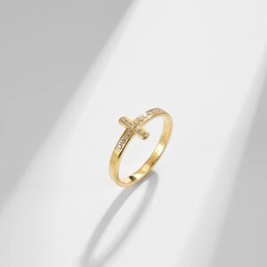 WOYNJI Stainless Steel Cubic Zirconia Faith Hope Love Sideways Cross Ring for Womens Inspirational Jewelry Gold Size 10