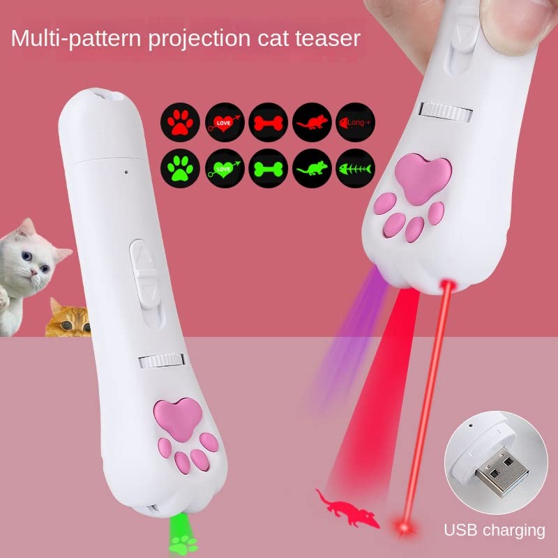 Cat Toys Interactive Cats Toys for Indoor Dog Toys Multi-Pattern Projection Mini Flashlight Purple Pet USB Rechargeable White Light LED (5 Green Projection, White Light)