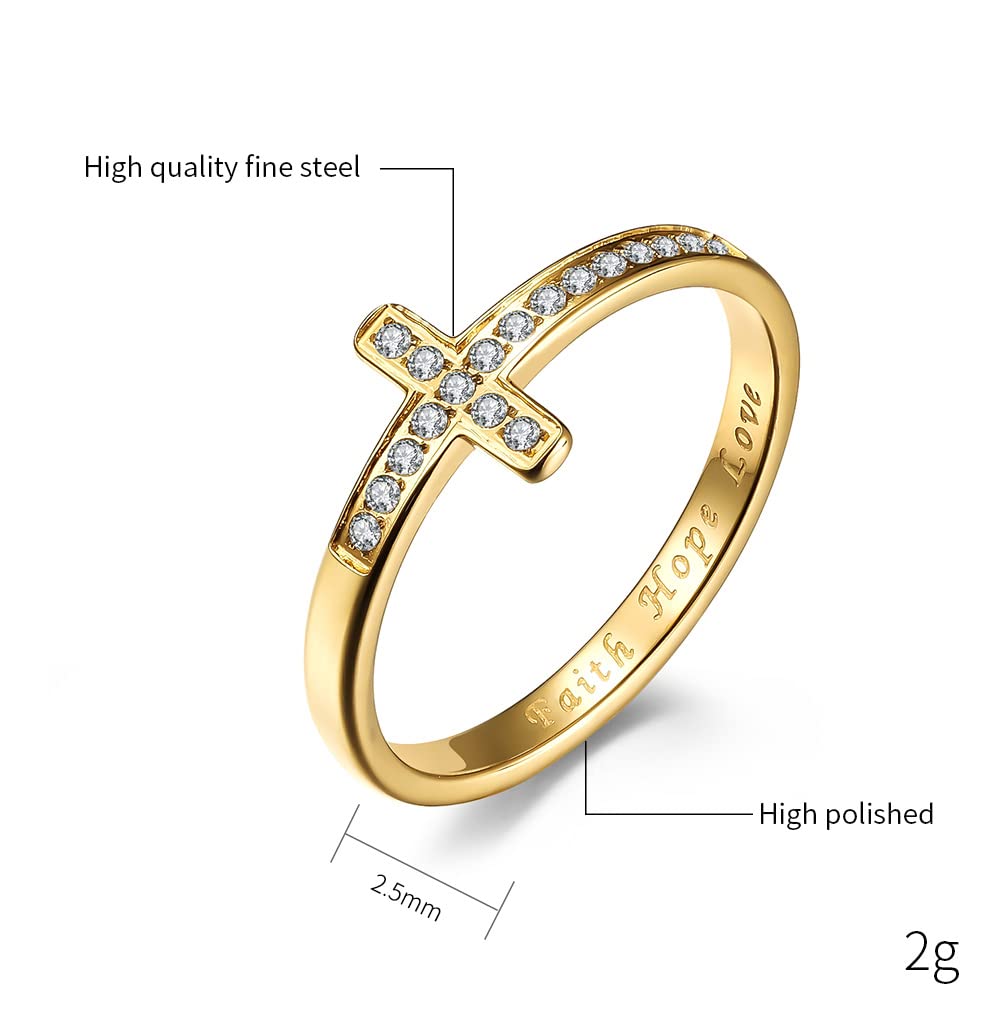 WOYNJI Stainless Steel Cubic Zirconia Faith Hope Love Sideways Cross Ring for Womens Inspirational Jewelry Gold Size 10