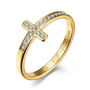 woynji stainless steel cubic zirconia faith hope love sideways cross ring for womens inspirational jewelry gold size 10