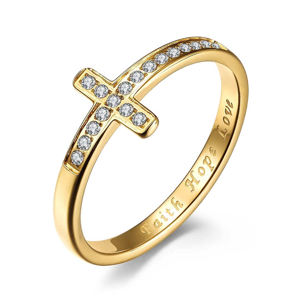 WOYNJI Stainless Steel Cubic Zirconia Faith Hope Love Sideways Cross Ring for Womens Inspirational Jewelry Gold Size 10