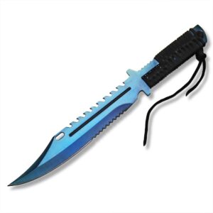 fixed blade hunting knife full tang handle straight edge with sheath, blue titanium