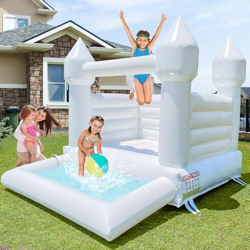 White Bounce House with Ball Pool 10x8x8FT Commercial Grade ASTM Certified 100% PVC White Bouncy Castle for Memorable Birthday Parties & Event (White, 10x8x8FT)