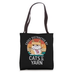 easily distracted by cats and yarn crocheting yarn knitter tote bag