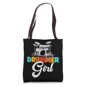 drummer girl drums metal rock music band member drumming tote bag