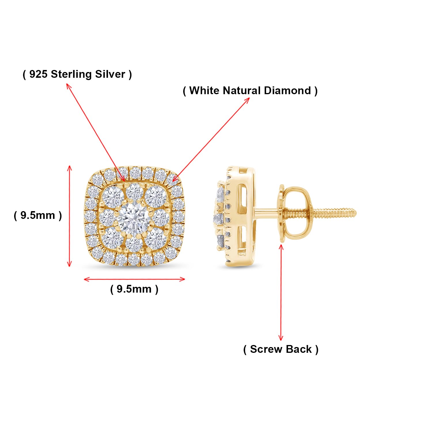 SAVEARTH DIAMONDS 1 1/4 Carat Round Cut Moissanite Diamond Cushion Frame Halo Cluster Stud Earrings in 14k Yellow Gold Over Sterling Silver (VVS1 Clarity, 1.25 Cttw)