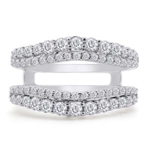 1 carat round cut lab created moissanite diamond double row pave set curved enhancer guard ring in 14k white gold over sterling silver jewelry (g-h color, 1.00 cttw) size -8