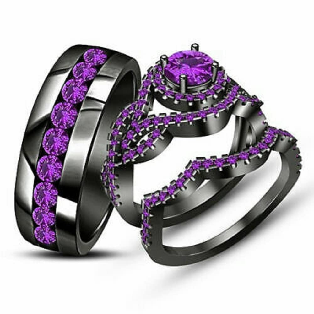 Palaksh Jewelry Round Cut Purple Amethyst in 925 Sterling Silver 14K Black Gold Over Diamond Bridal Wedding Engagement Ring Trio Set for Him & Her