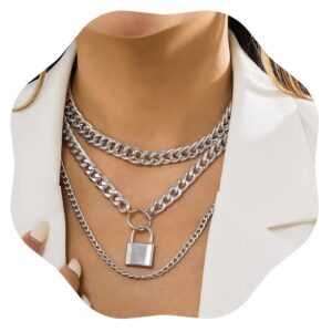 jumwrit chunky chain necklace punk layered choker necklaces cuban link chain necklace with lock pendant necklace statement necklace for women（silver）