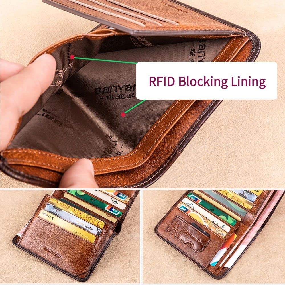 SENYIDUCAN BanYaNu RFID Trifold Wallet for Men - Mens Genuine Leather Wallets - 11 Credit Card Holders - Mens Tri Fold Wallet with 2 Money Cash Slots - Gift For Man