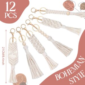 Junkin Macrame Boho Keychains Bulk Handcrafted Aesthetic Key Chain with Tassel for Women Car Key Purse Wallet Beige (12 Pieces)