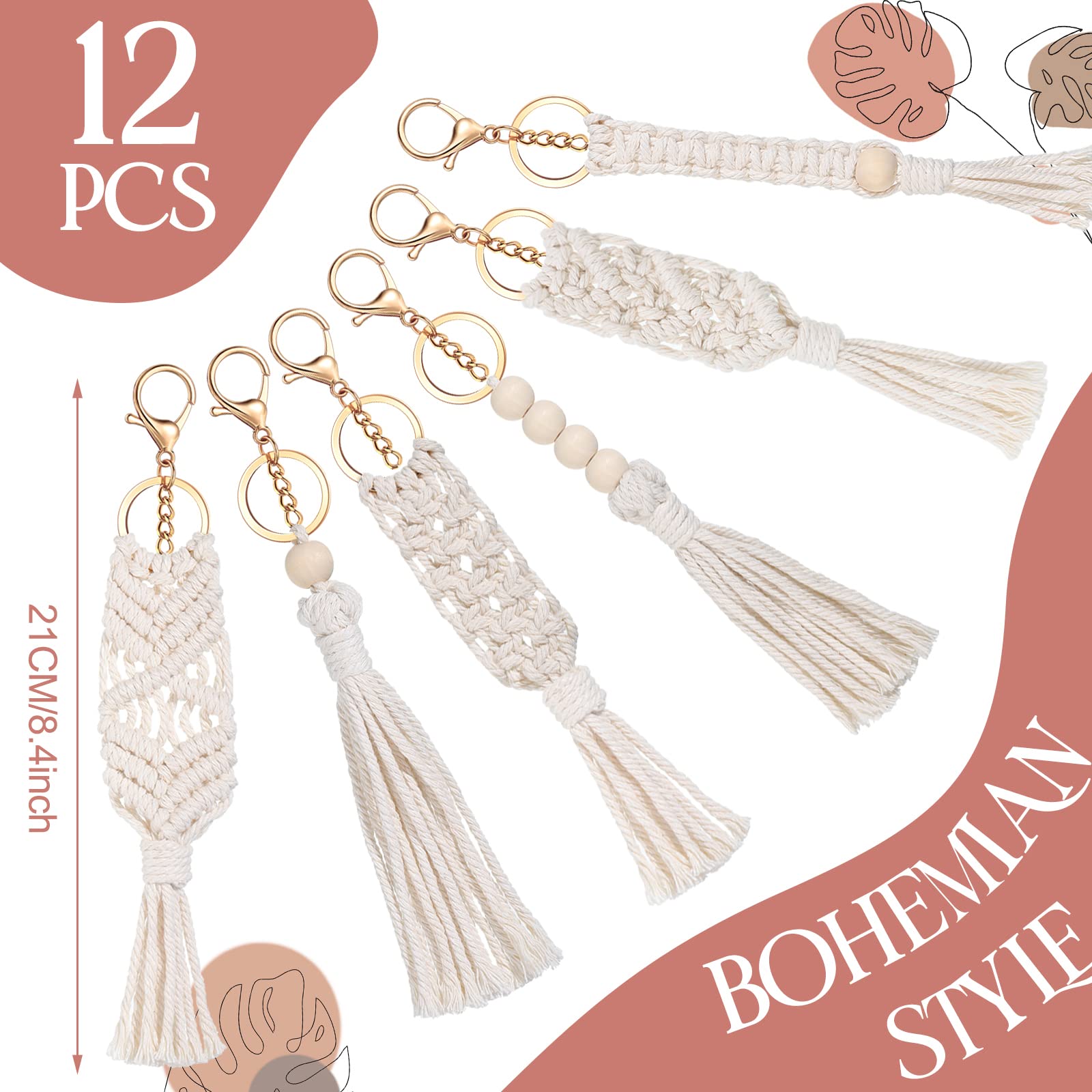 Junkin Macrame Boho Keychains Bulk Handcrafted Aesthetic Key Chain with Tassel for Women Car Key Purse Wallet Beige (12 Pieces)