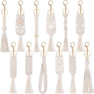 junkin macrame boho keychains bulk handcrafted aesthetic key chain with tassel for women car key purse wallet beige (12 pieces)