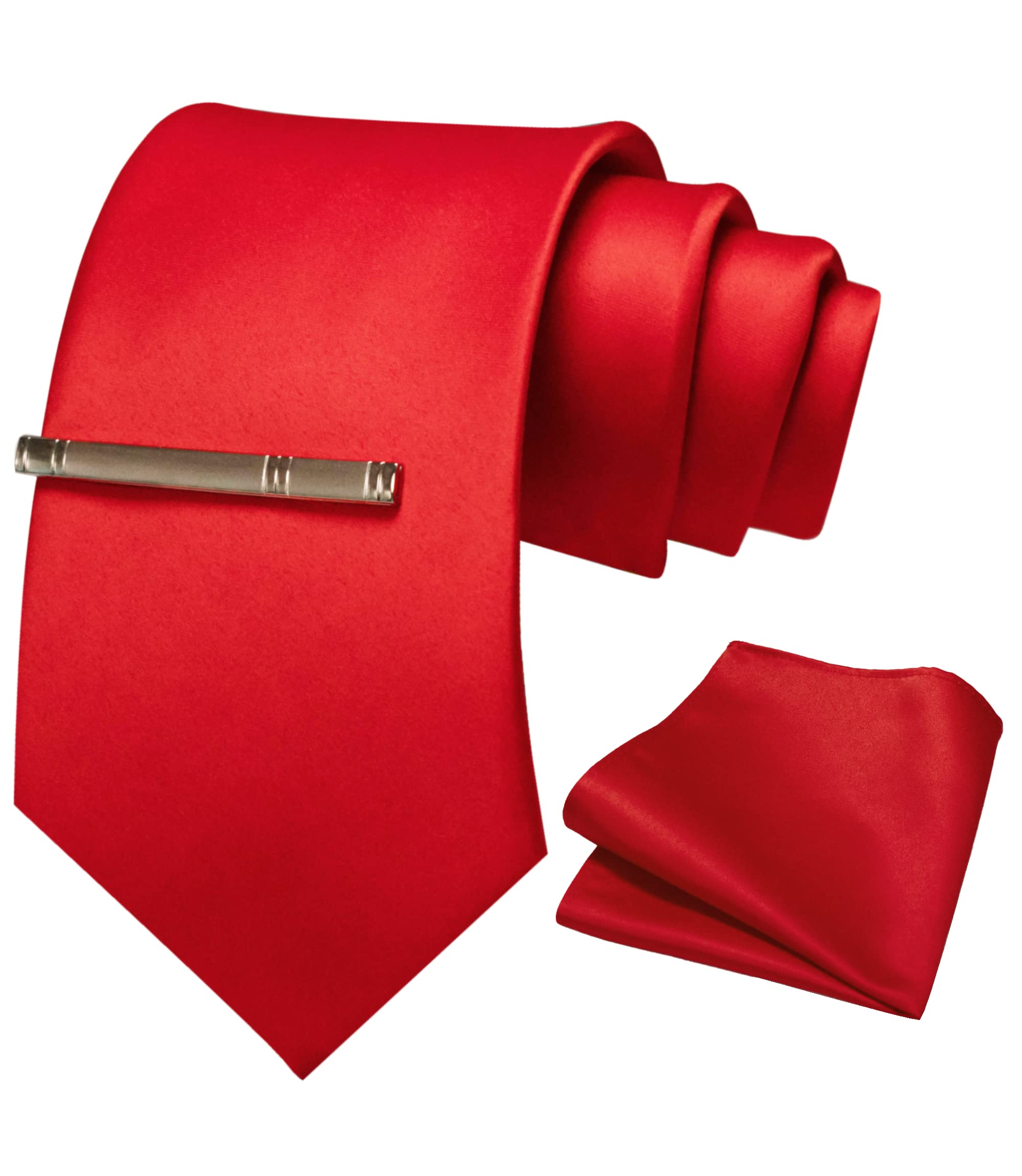 RBOCOTT Red Tie Necktie and Pocket Square with Tie Clip Sets for men Party Wedding and Business