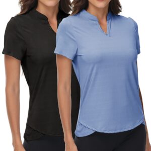 dotin women's 2 pack v-neck golf polo shirts short sleeve collarless quick dry sport t-shirts workout tops