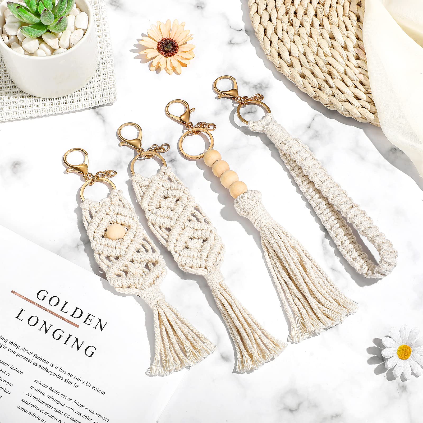 Junkin Macrame Boho Keychains Bulk Handcrafted Aesthetic Key Chain with Tassel for Women Car Key Purse Wallet Beige (12 Pieces)