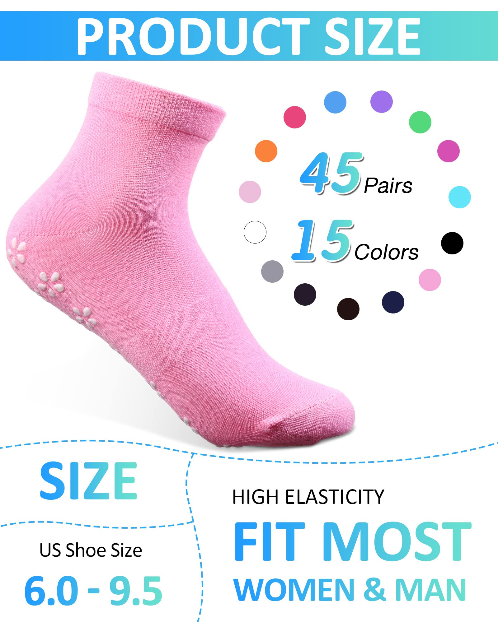 Vicenpal 45 Pairs Non Slip Socks Non Skid Socks Yoga Socks Women Men Slipper Socks with Grippers Foot Pattern Skid Proof Socks for Hospital Barre Pilates, 15 Colors …