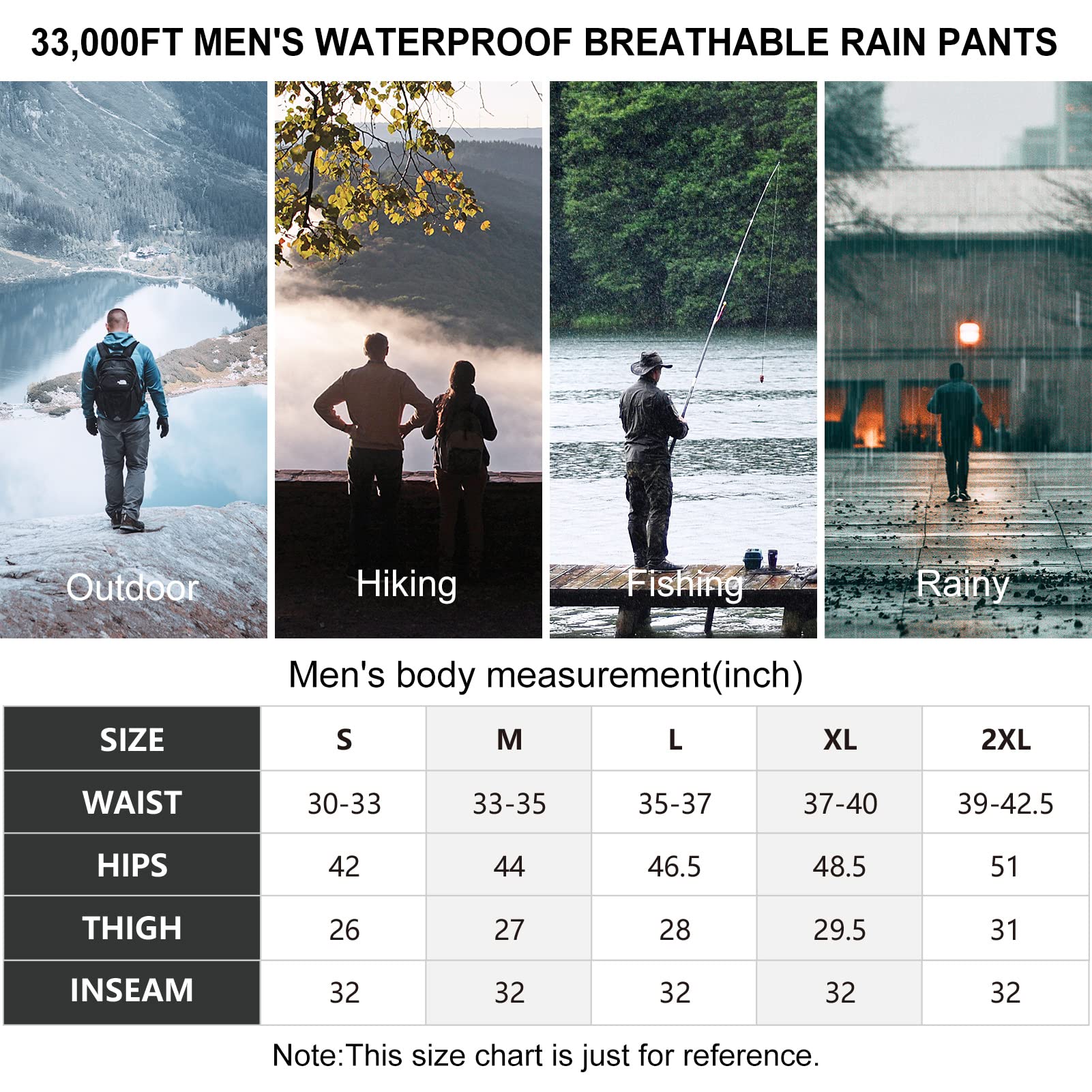 33,000ft Men's Rain Pants Waterproof Lightweight Breathable Golf Over Pants for Hiking Travel Cycling Outdoor Black