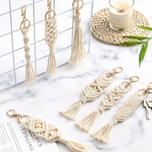 Junkin Macrame Boho Keychains Bulk Handcrafted Aesthetic Key Chain with Tassel for Women Car Key Purse Wallet Beige (12 Pieces)