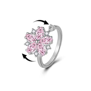 pink cz flower spinner fidget wrap open rings for women anxiety rotate freely inspirations stress relief cubic zirconia statement jewelry crochet loop adjustable stacking diamond middle finger ring daughter bff dainty birthday valentine's day sweet crysta