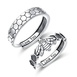 yearace bee honeycomb couples rings set, 925 sterling silver cute animals bee honeycomb matching ring for couples engraved i love you, adjustable engagement wedding promise ring for him and her