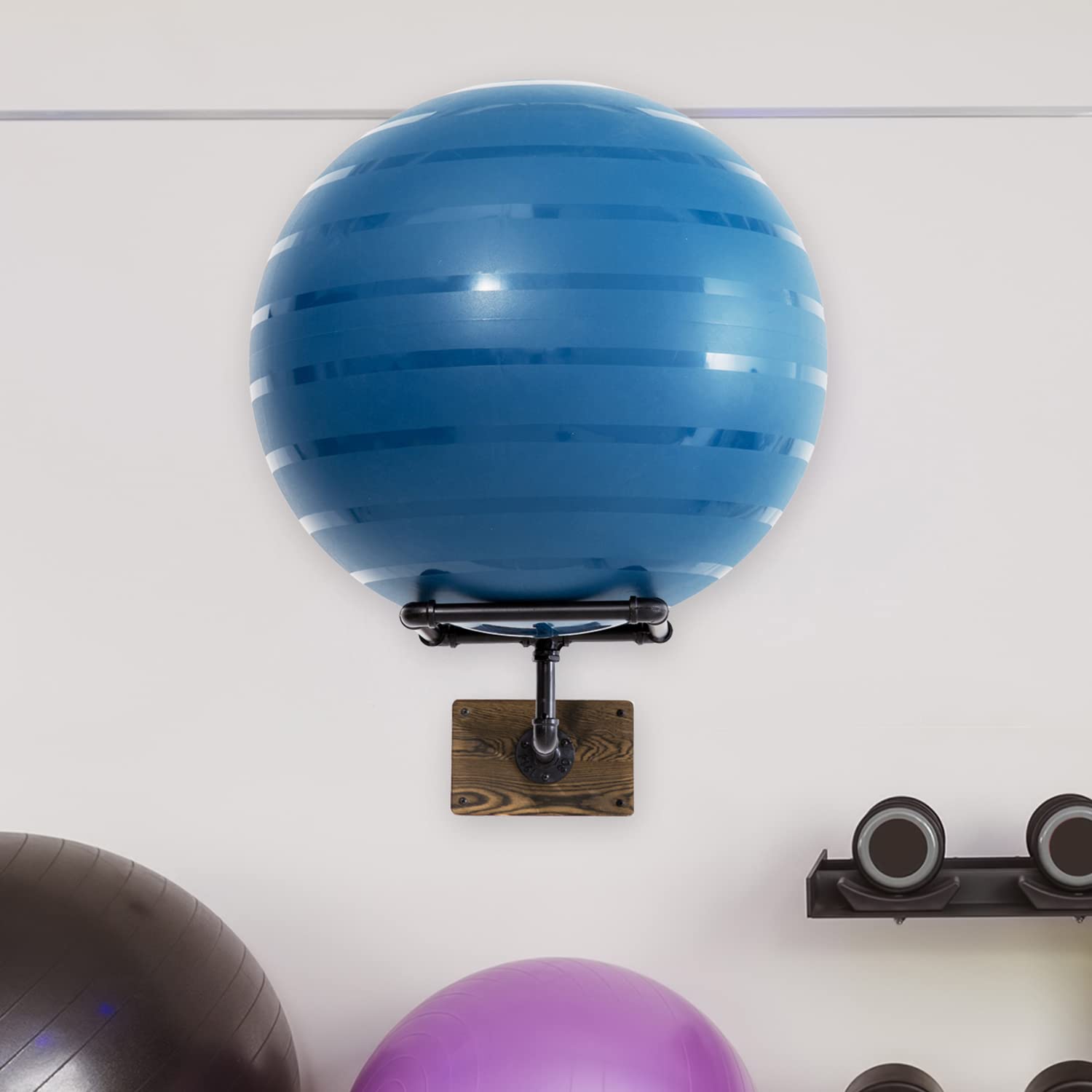 MyGift Wall Mounted Stability Ball Rack, Yoga and Exercise Ball Holder Stand with Industrial Metal Pipe and Burnt Wood