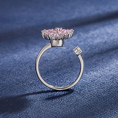 Pink CZ Flower Spinner Fidget Wrap Open Rings for Women Anxiety Rotate Freely Inspirations Stress Relief Cubic Zirconia Statement Jewelry Crochet Loop Adjustable Stacking Diamond Middle Finger Ring Daughter Bff Dainty Birthday Valentine's Day Sweet Crysta