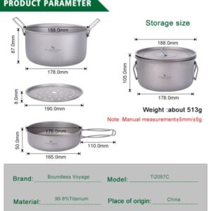 Boundless Voyage Titanium 1900mL Pot and 900mL Fry Pan Set with Steaming Rack and Lid Multifunctional Steamer Stockpot Outdoor Cooking Ultra Light Camping Cookware