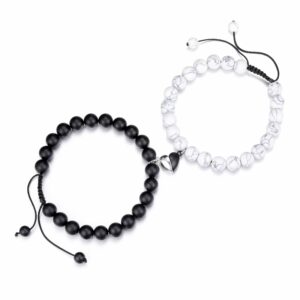 jovivi 2 pcs couple bracelets 8mm natural stone beads healing crystals stretch bracelet matching heart charms adjustable for his and her jewelry lovers best friends friendship gifts