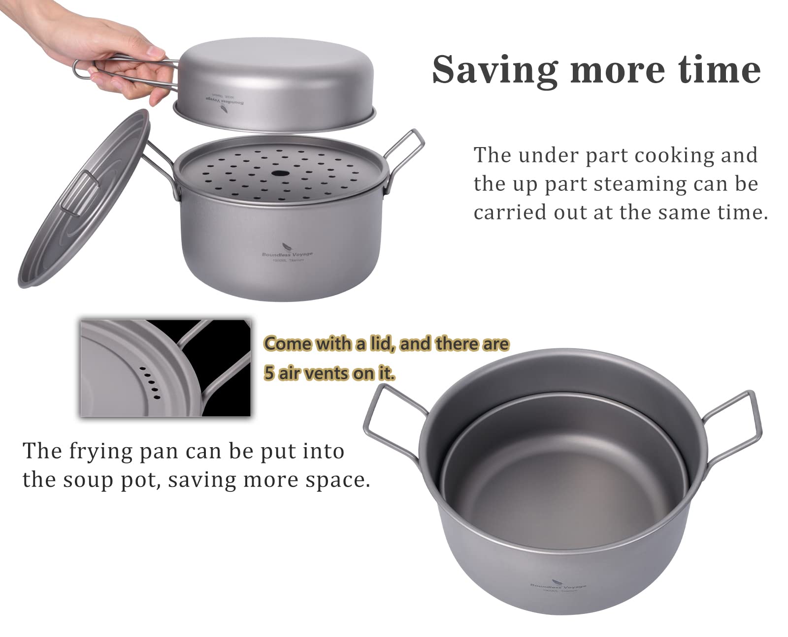 Boundless Voyage Titanium 1900mL Pot and 900mL Fry Pan Set with Steaming Rack and Lid Multifunctional Steamer Stockpot Outdoor Cooking Ultra Light Camping Cookware