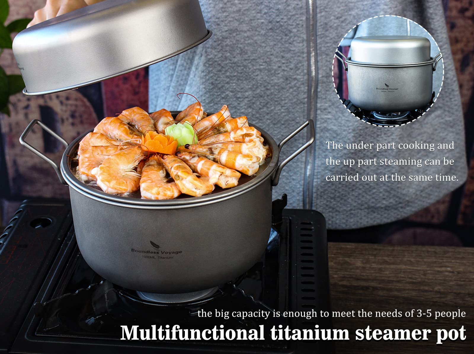 Boundless Voyage Titanium 1900mL Pot and 900mL Fry Pan Set with Steaming Rack and Lid Multifunctional Steamer Stockpot Outdoor Cooking Ultra Light Camping Cookware