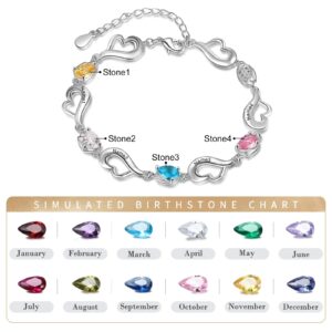 Jeweidea Personalized Infinity Love Heart Link Bracelet with Pear Simulated Birthstone Custom Engraved Name Silver Bracelet for Women Girls (4 Stones + 4 Names)