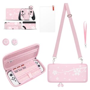 mytrix cute carrying case for nintendo switch oled, portable hard shell pouch travel storage bag for switch protective bag with 10 game card slots, with 4 in 1 bundle accessories pink cherry blossoms