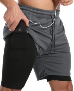 jwj men's running athletic workout sports mens 2 in 1 shorts breathable gym short for men with pocket, dark grey large