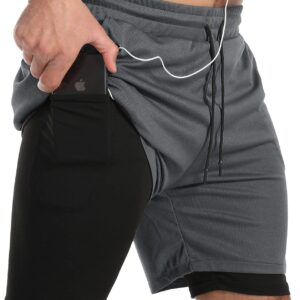 JWJ Men's Running Athletic Workout Sports Mens 2 in 1 Shorts Breathable Gym Short for Men with Pocket, Dark Grey Large