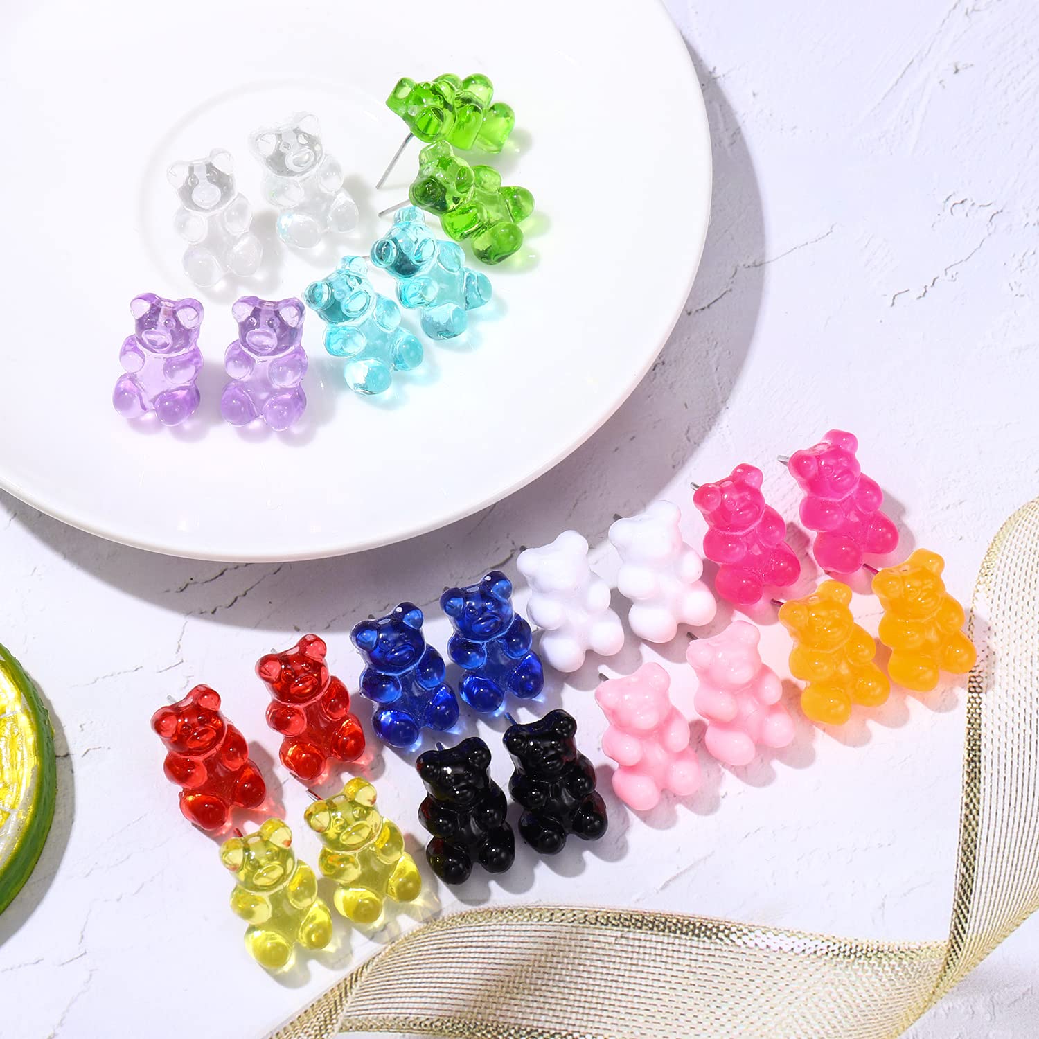 12 Pairs Colorful Bear Earrings Sweet Gummy Bear Earrings Funny Transparent Candy Color Resin Bear Stud Earrings for Women Jewelry Gift