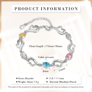 Jeweidea Personalized Infinity Love Heart Link Bracelet with Pear Simulated Birthstone Custom Engraved Name Silver Bracelet for Women Girls (4 Stones + 4 Names)