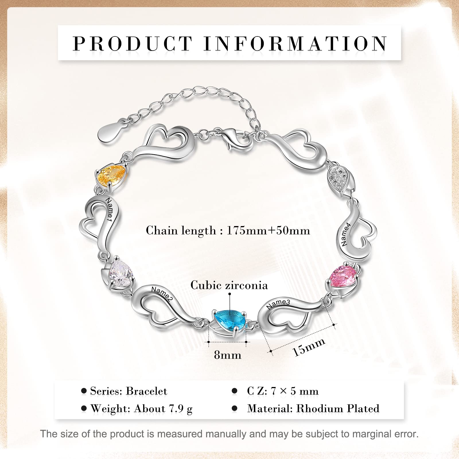 Jeweidea Personalized Infinity Love Heart Link Bracelet with Pear Simulated Birthstone Custom Engraved Name Silver Bracelet for Women Girls (4 Stones + 4 Names)