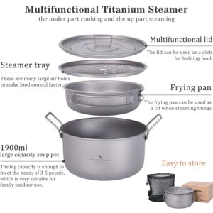 Boundless Voyage Titanium 1900mL Pot and 900mL Fry Pan Set with Steaming Rack and Lid Multifunctional Steamer Stockpot Outdoor Cooking Ultra Light Camping Cookware