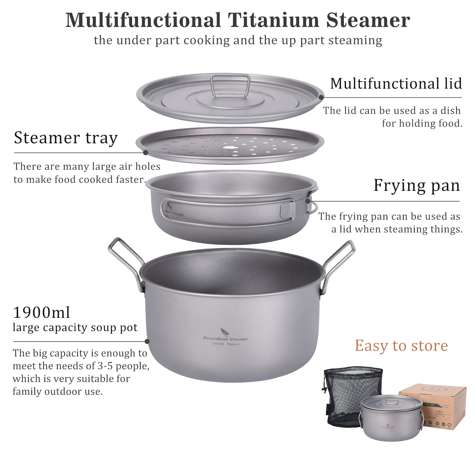 Boundless Voyage Titanium 1900mL Pot and 900mL Fry Pan Set with Steaming Rack and Lid Multifunctional Steamer Stockpot Outdoor Cooking Ultra Light Camping Cookware