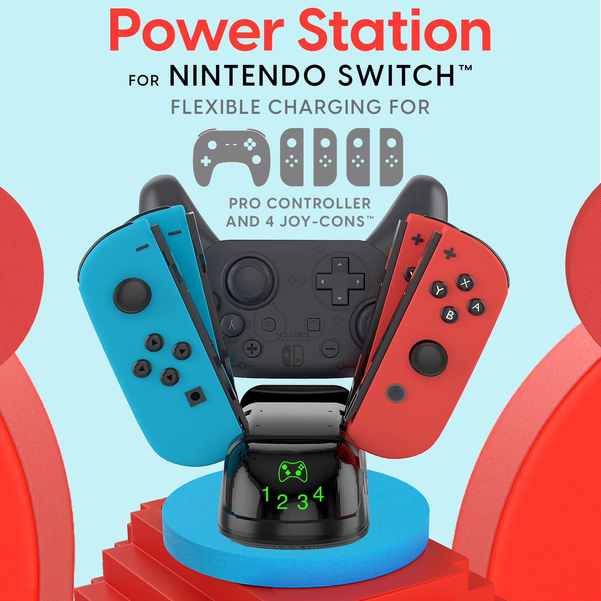 TALK WORKS 5-in-1 Game Controller Charger Station Compatible with Nintendo Switch + Switch OLED - Charging Dock for 4 Joy-Con Controllers & 1 Pro Controller - Includes 5-Foot USB-C Cable