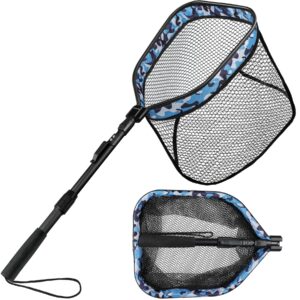 plusinno floating fishing net for steelhead, salmon, fly, kayak, catfish, bass, trout fishing, rubber coated landing net for easy catch & release, compact & foldable for easy transportation & storage