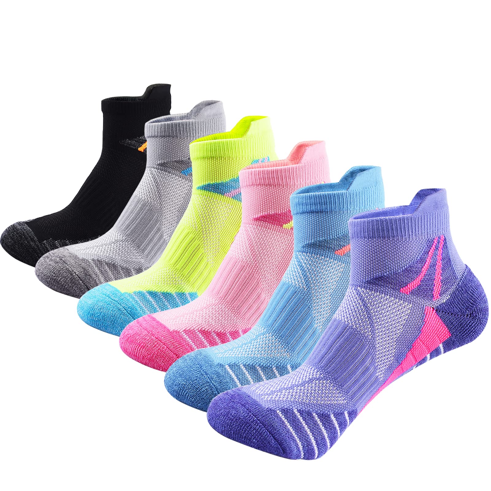 J.WMEET Womens Ankle Socks Athletic Cushioned Breathable Performance Sport Tab Cotton Quarter Women's Running Socks 6 Pack