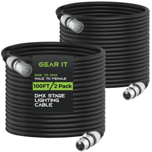 gearit dmx to dmx stage lighting cable (100 feet, 2-pack) dmx male to female (xlr compatible) 3-pin balanced shielded for dj led moving head par light, mic mixer, recording studio, podcast - 100ft