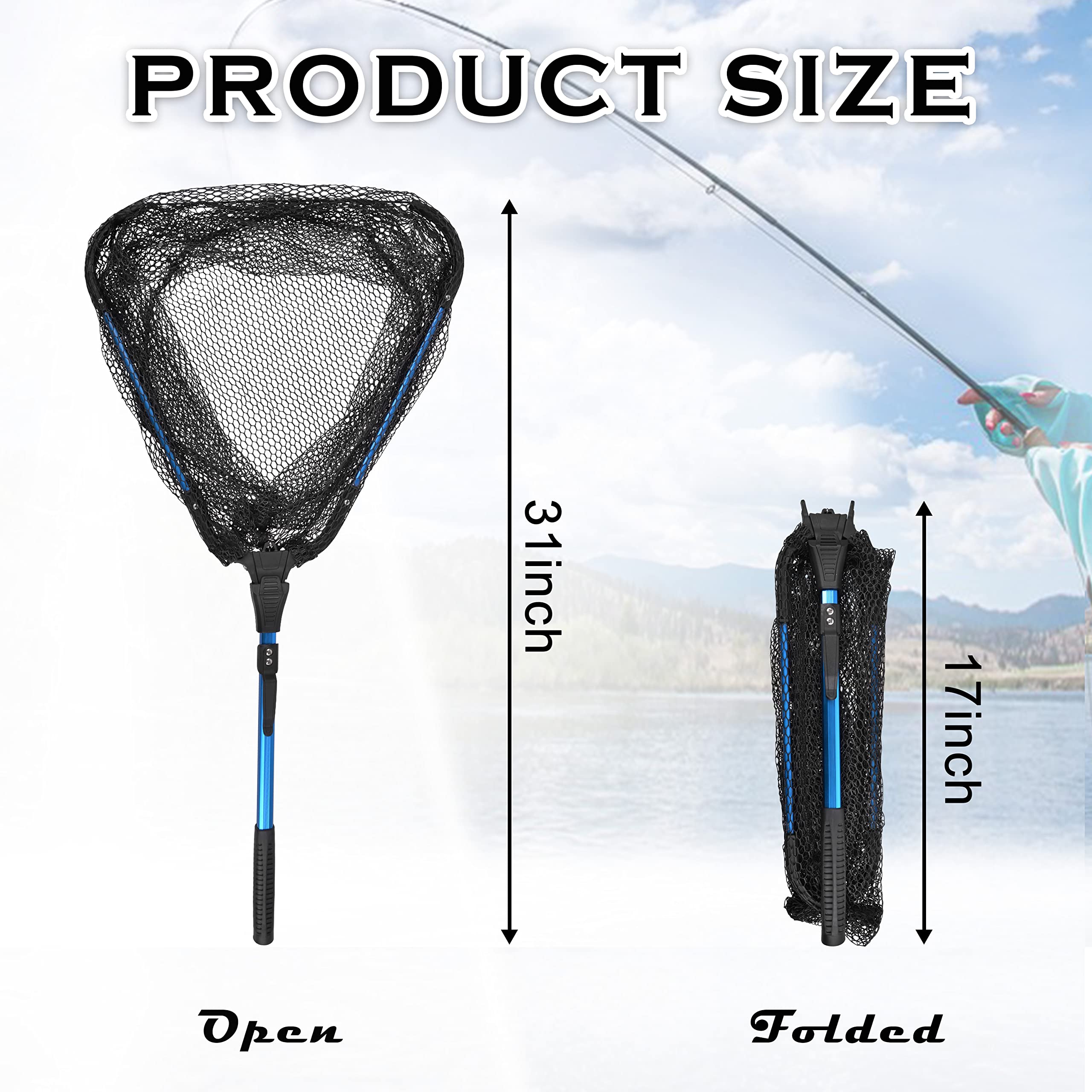 Fishing Landing Net with Telescoping Pole Long Handle Foldable Collapsible Rubber Floating Fishing Net Telescopic Extendable Fishing Net for Kayak Saltwater Freshwater Fishing (Blue, Single)