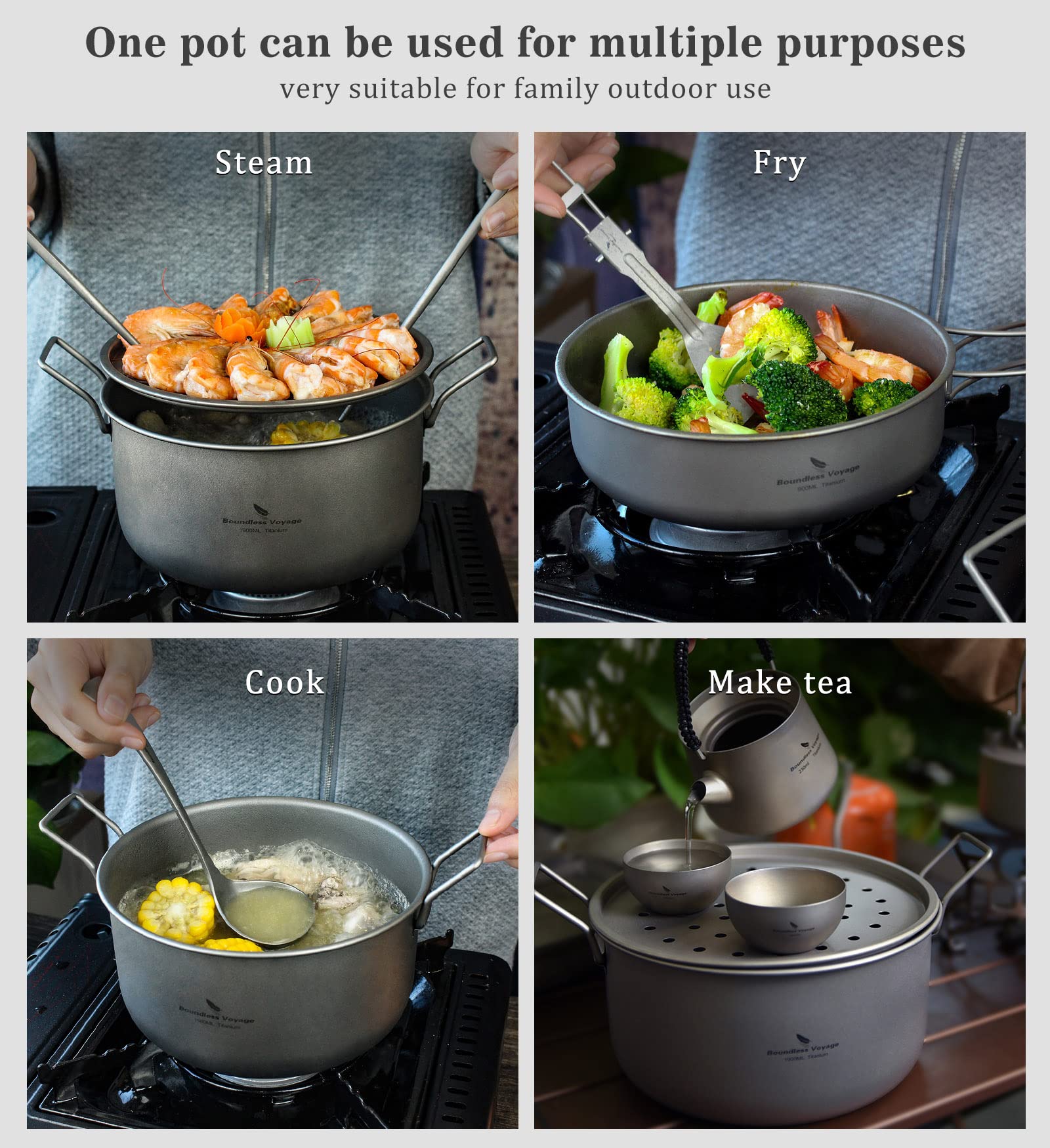 Boundless Voyage Titanium 1900mL Pot and 900mL Fry Pan Set with Steaming Rack and Lid Multifunctional Steamer Stockpot Outdoor Cooking Ultra Light Camping Cookware