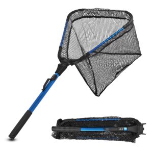 fishing landing net with telescoping pole long handle foldable collapsible rubber floating fishing net telescopic extendable fishing net for kayak saltwater freshwater fishing (blue, single)