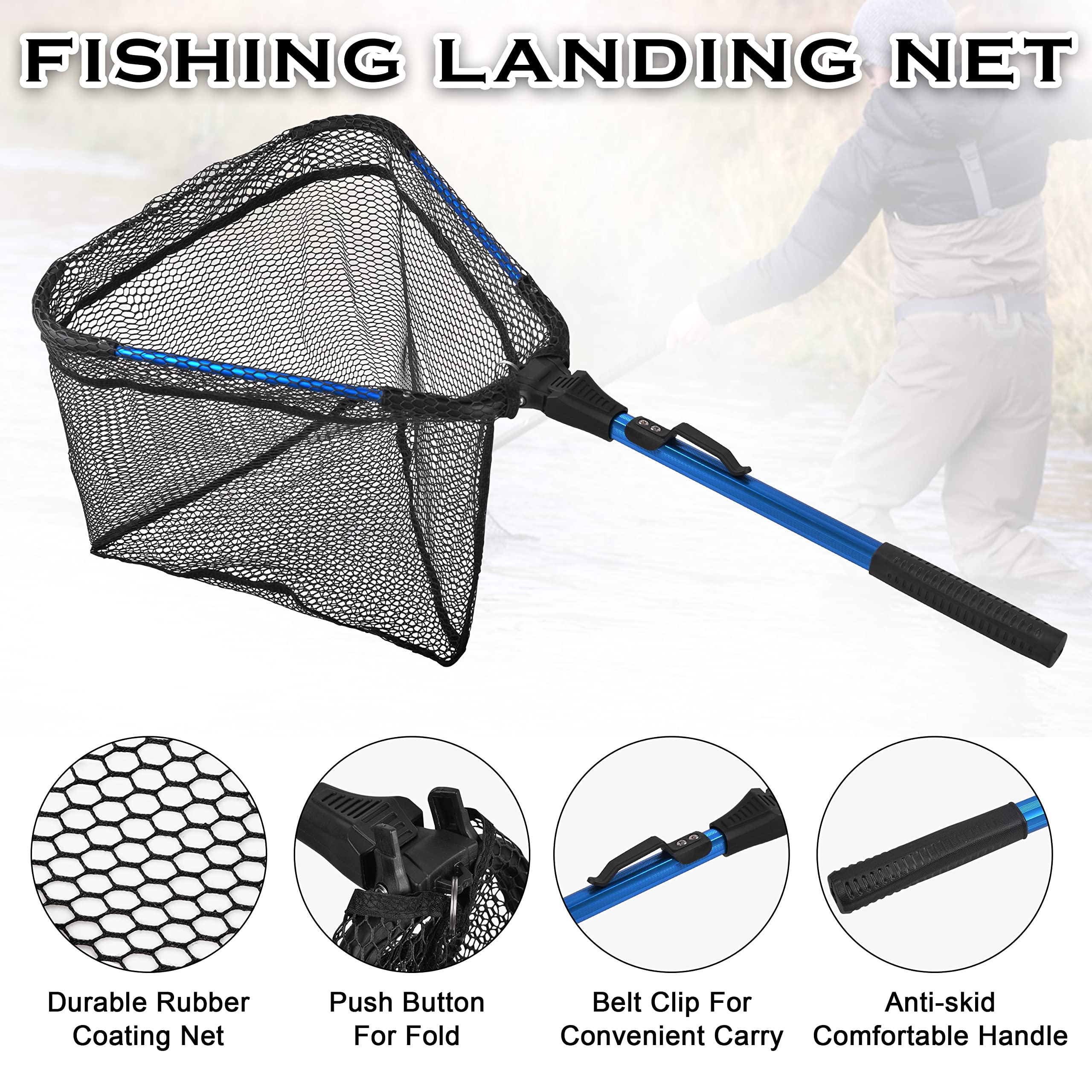 Fishing Landing Net with Telescoping Pole Long Handle Foldable Collapsible Rubber Floating Fishing Net Telescopic Extendable Fishing Net for Kayak Saltwater Freshwater Fishing (Blue, Single)